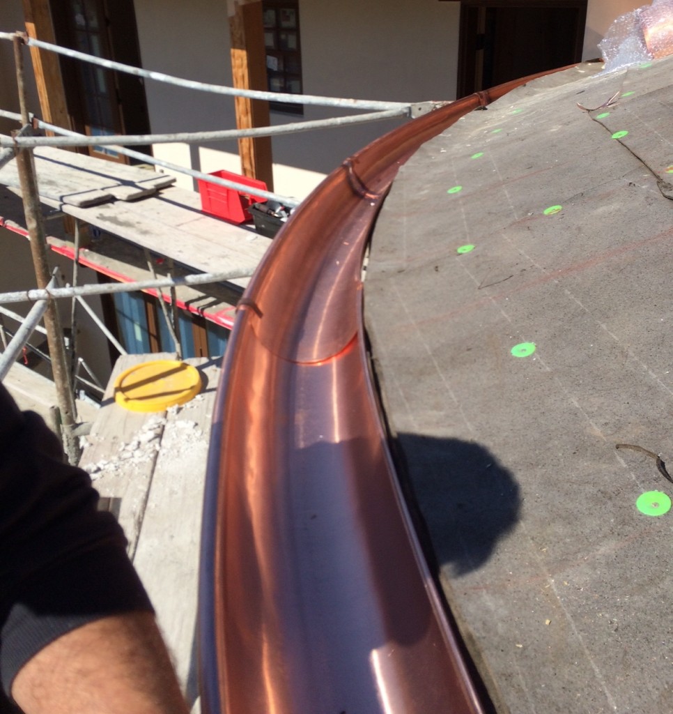 Inside view of stretch formed 6″ WGS Half Round Copper Gutter