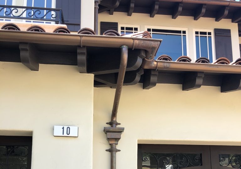 Half Round Copper Gutter, Federal Leaderhead, Cast Downspout Straps